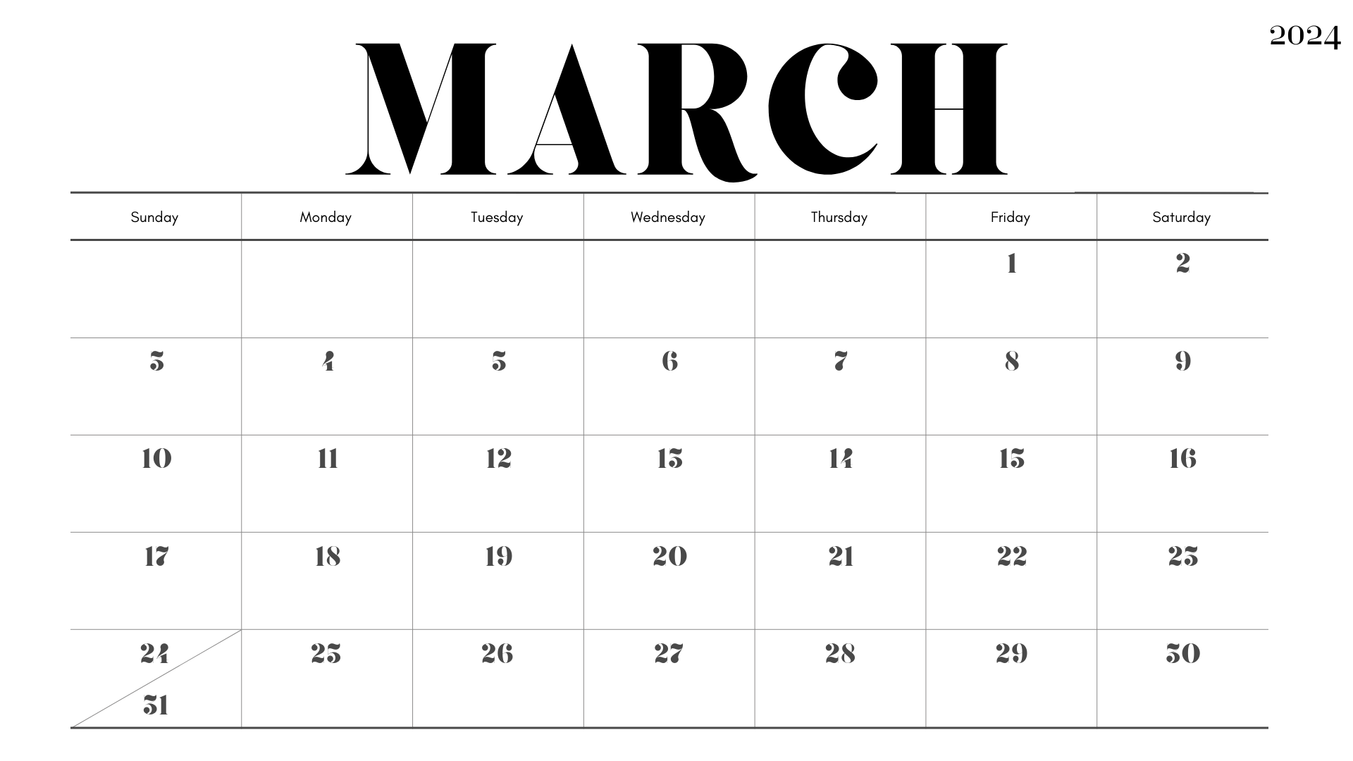 March 2024 Calendar Cute