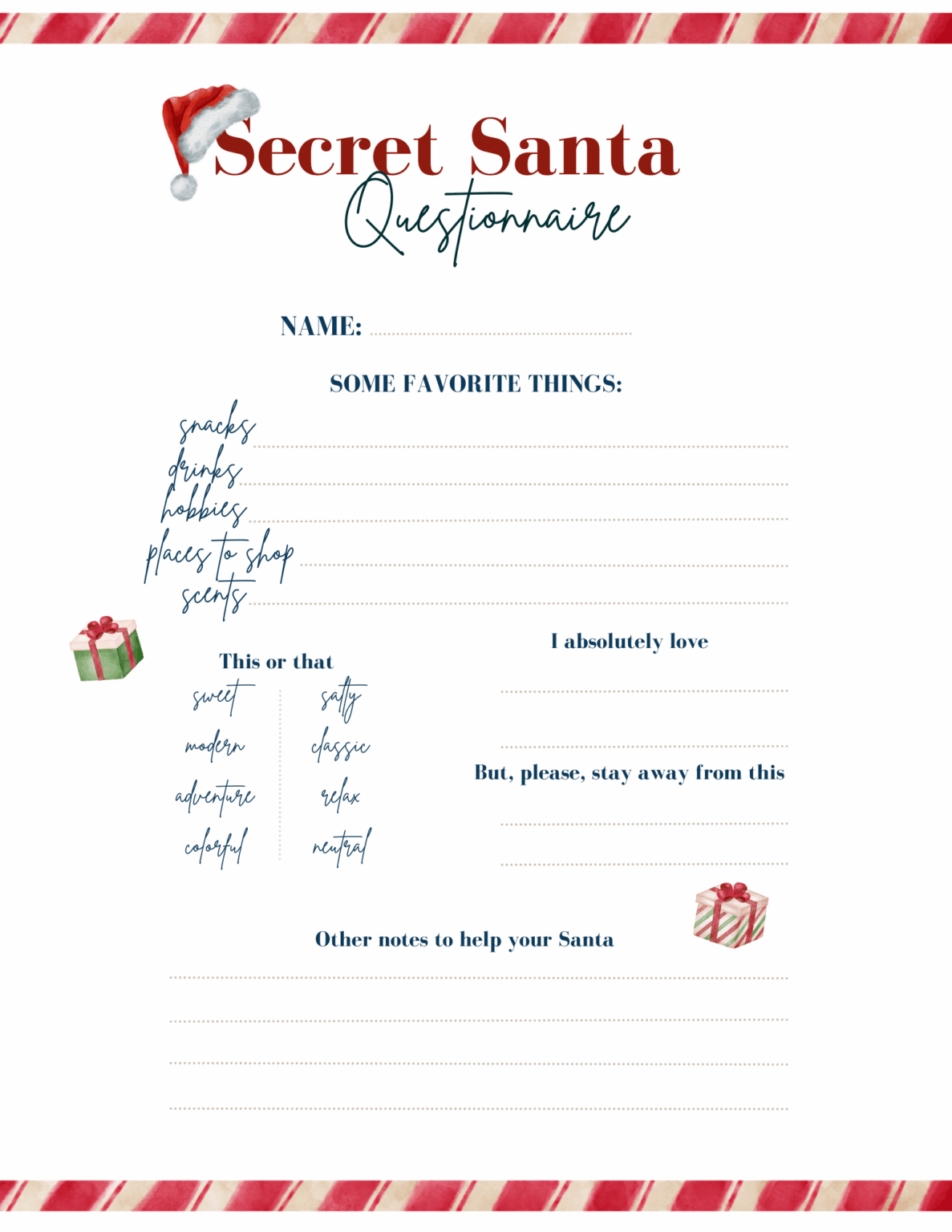 Secret Santa Questionnaire (Free Printable) - Nikki's Plate