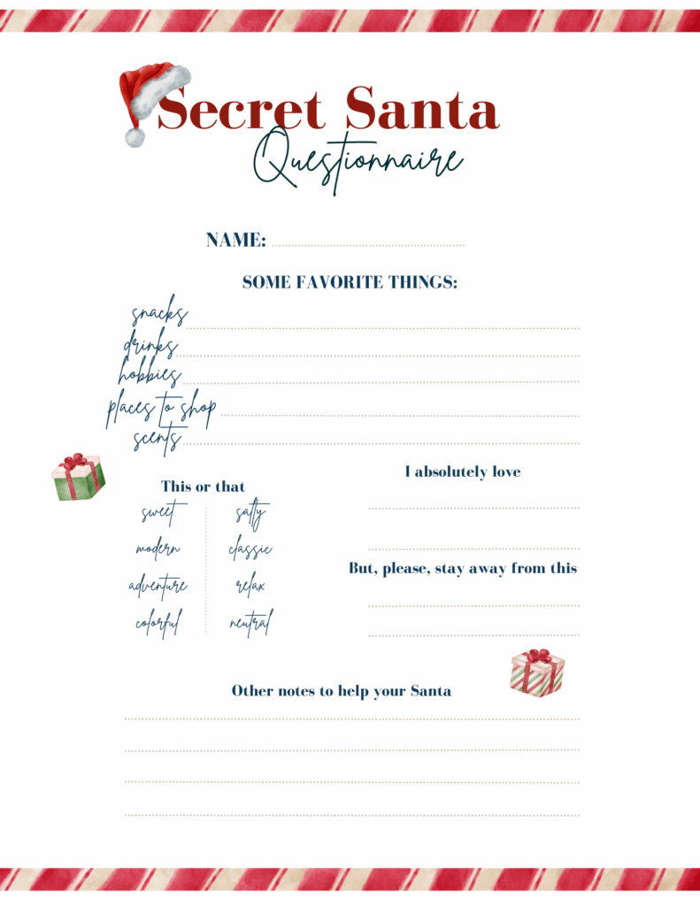 Secret Santa Questionnaire (Free Printable) - Nikki's Plate